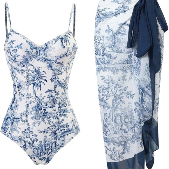Swim | Nwt Blue And White Toile Print Swimsuit And Sarong Set | Poshmark